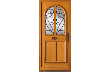Porte d'entrée bois à moulures et vitrage à grille