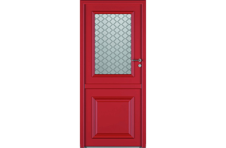Porte fermière bois alu traditionnelle mi-vitrée à motifs